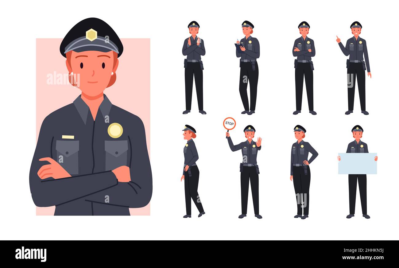 Police officer woman poses set, worker holding ticket, stop sign and ...