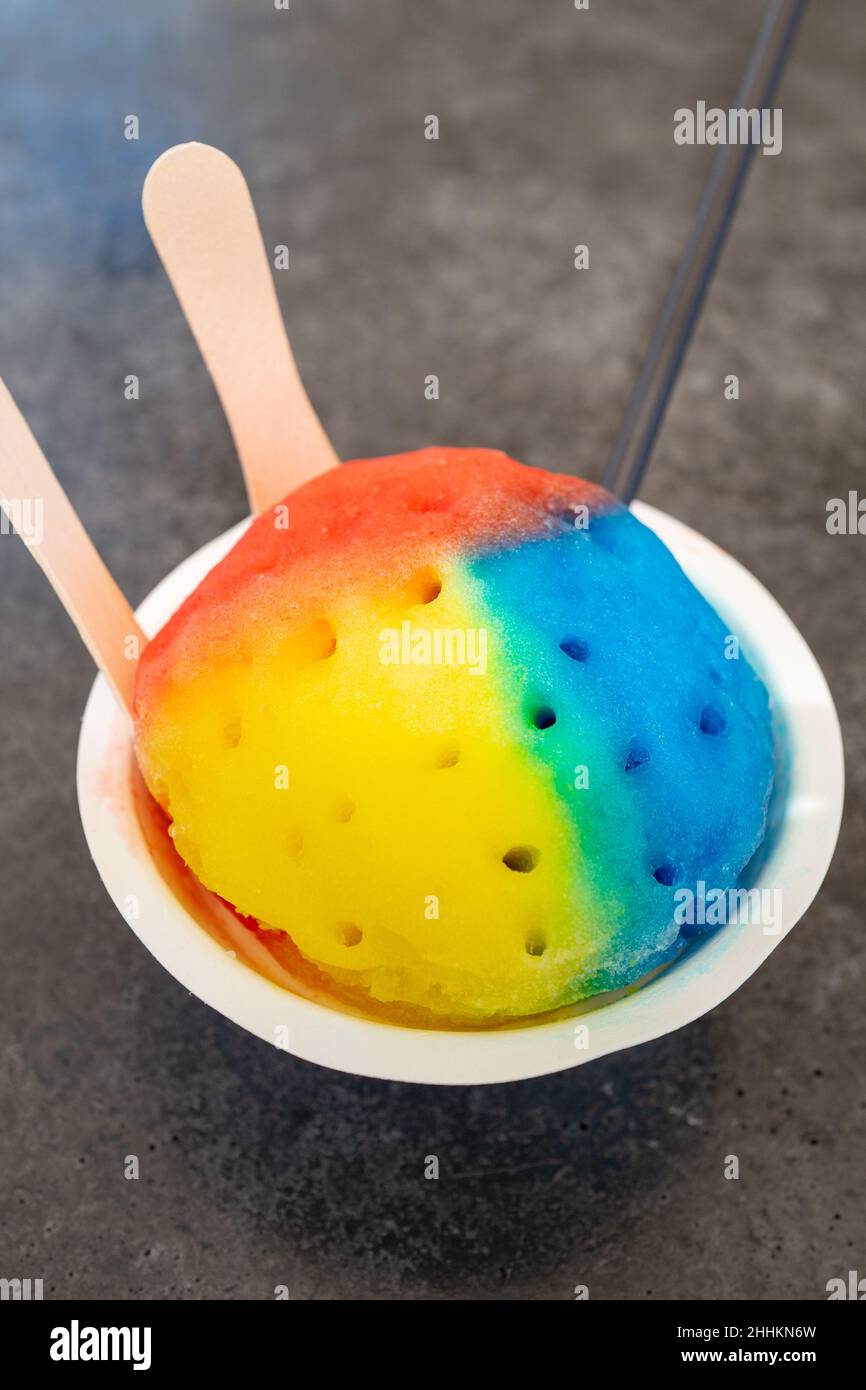 Rainbow colored shave ice at Ululani's Shave Ice restaurant on Maui ...