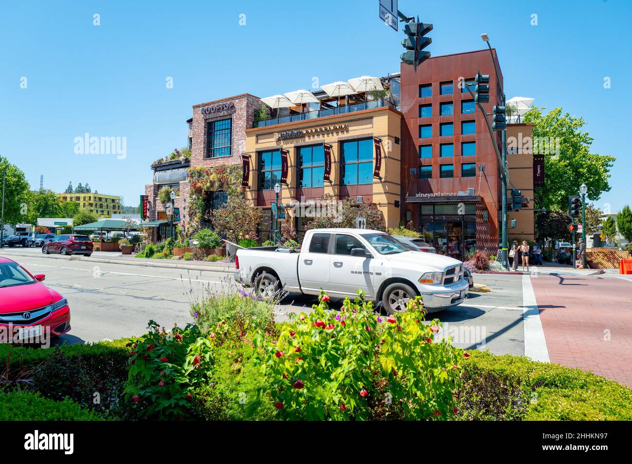 Facade of the Teleferic Barcelona restaurant building, with signs for ...