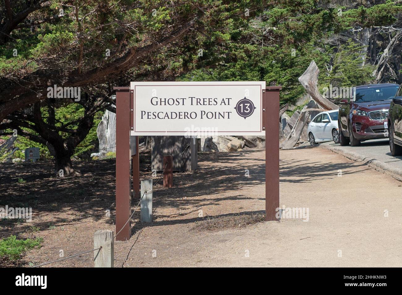 Sign for ghost trees at Pescadero Point along 17 Mile Drive, Pebble ...