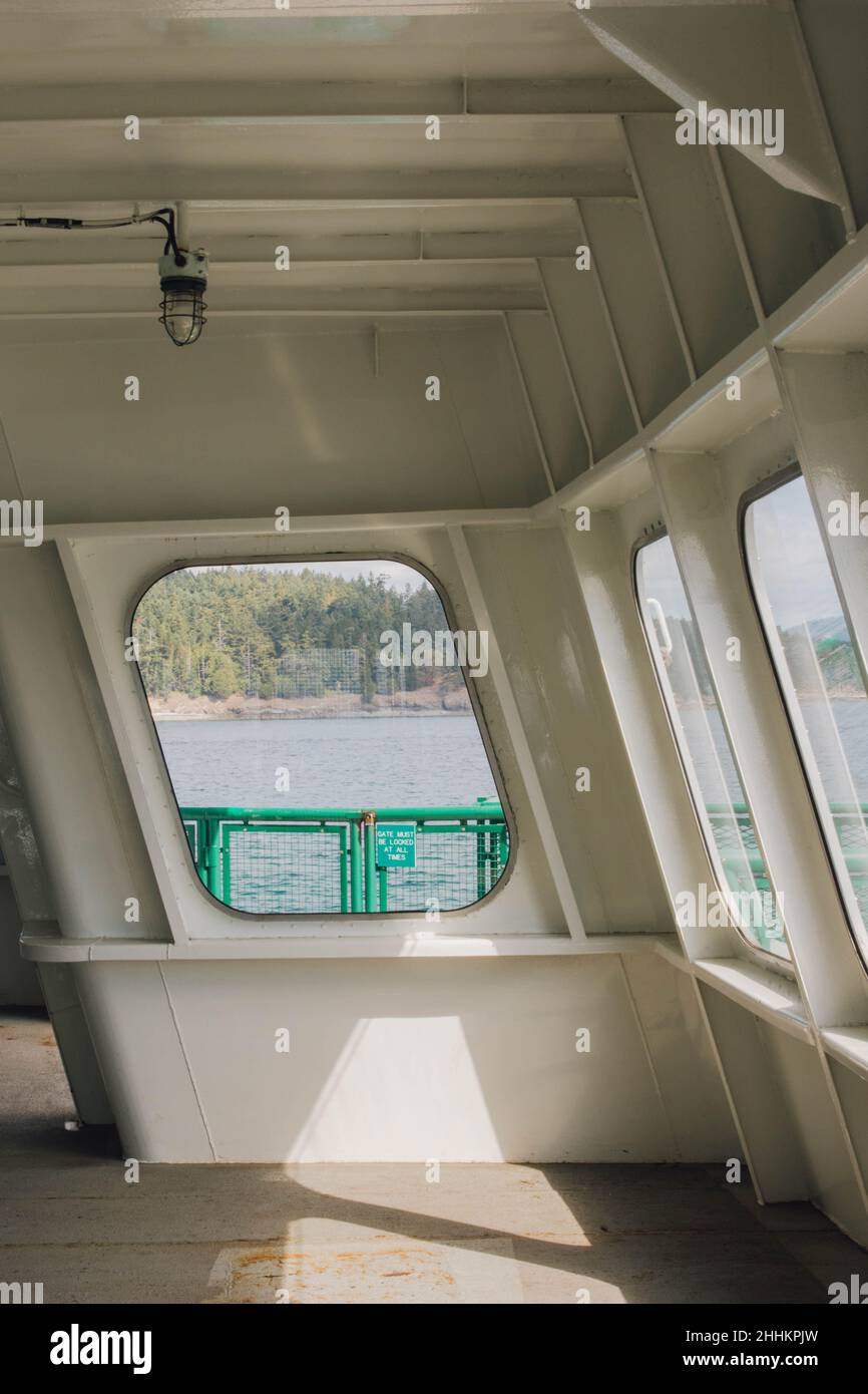interior window on Pacific Northwest ferry boat Stock Photo - Alamy