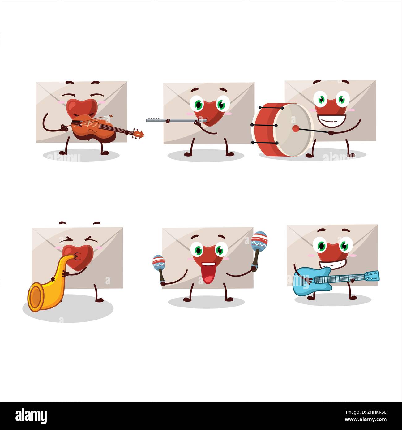 Cartoon character of love envelope playing some musical instruments ...