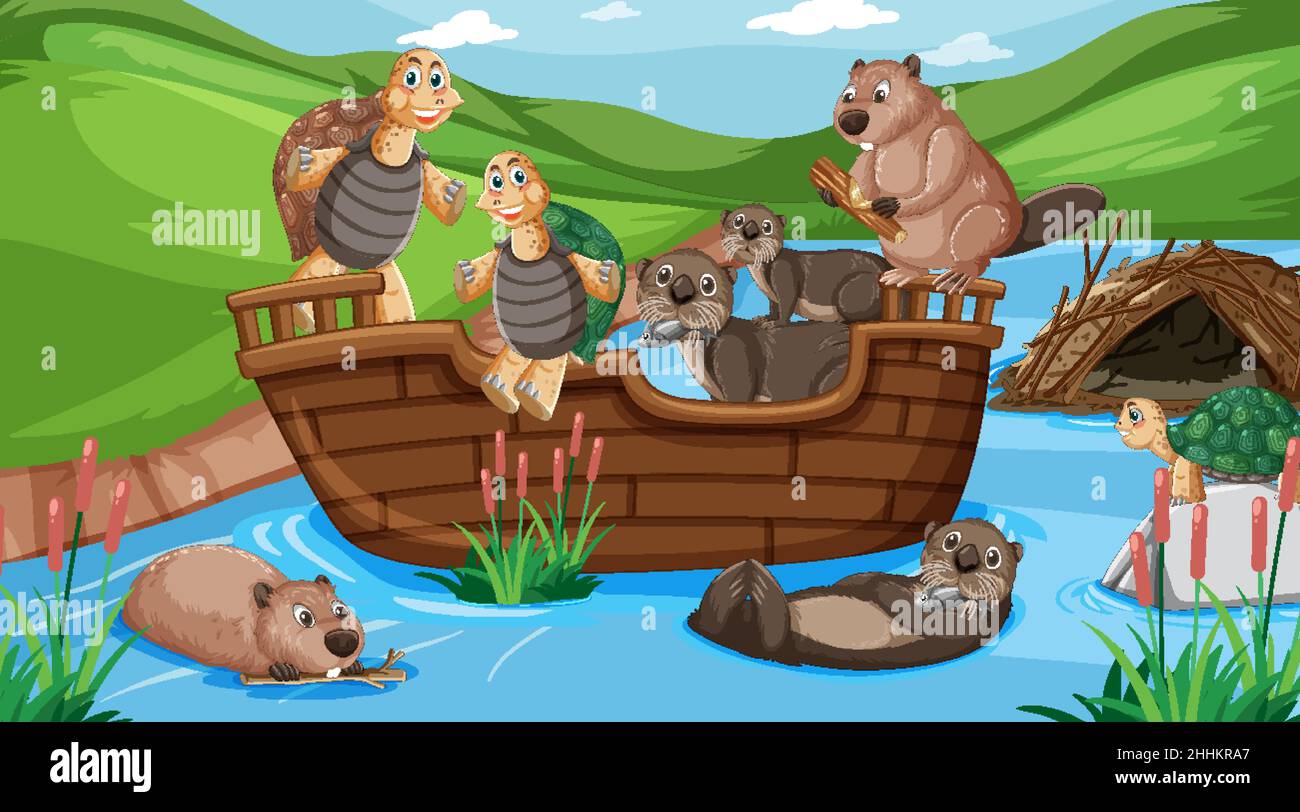 River in the forest scene with wild animals on a wooden boat ...