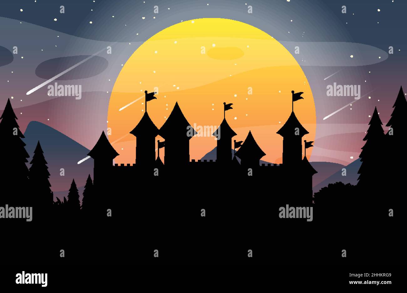 Castle scene silhouette with full moon illustration Stock Vector Image ...