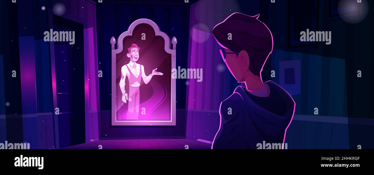 Man in haunted house with ghost appear in mirror. Halloween spooky dark ...