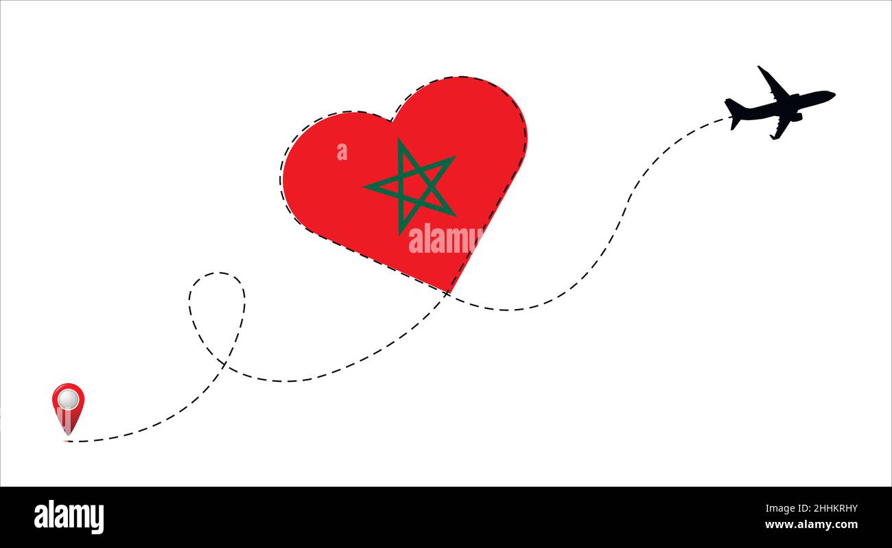 Airplane flight route with Morocco flag inside the heart. Travel to ...
