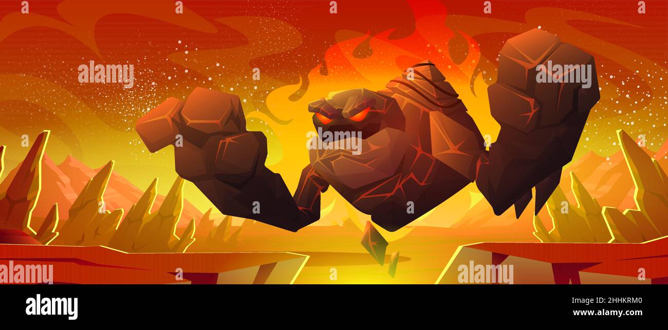 Big golem from stone and lava on alien planet surface. Vector cartoon ...