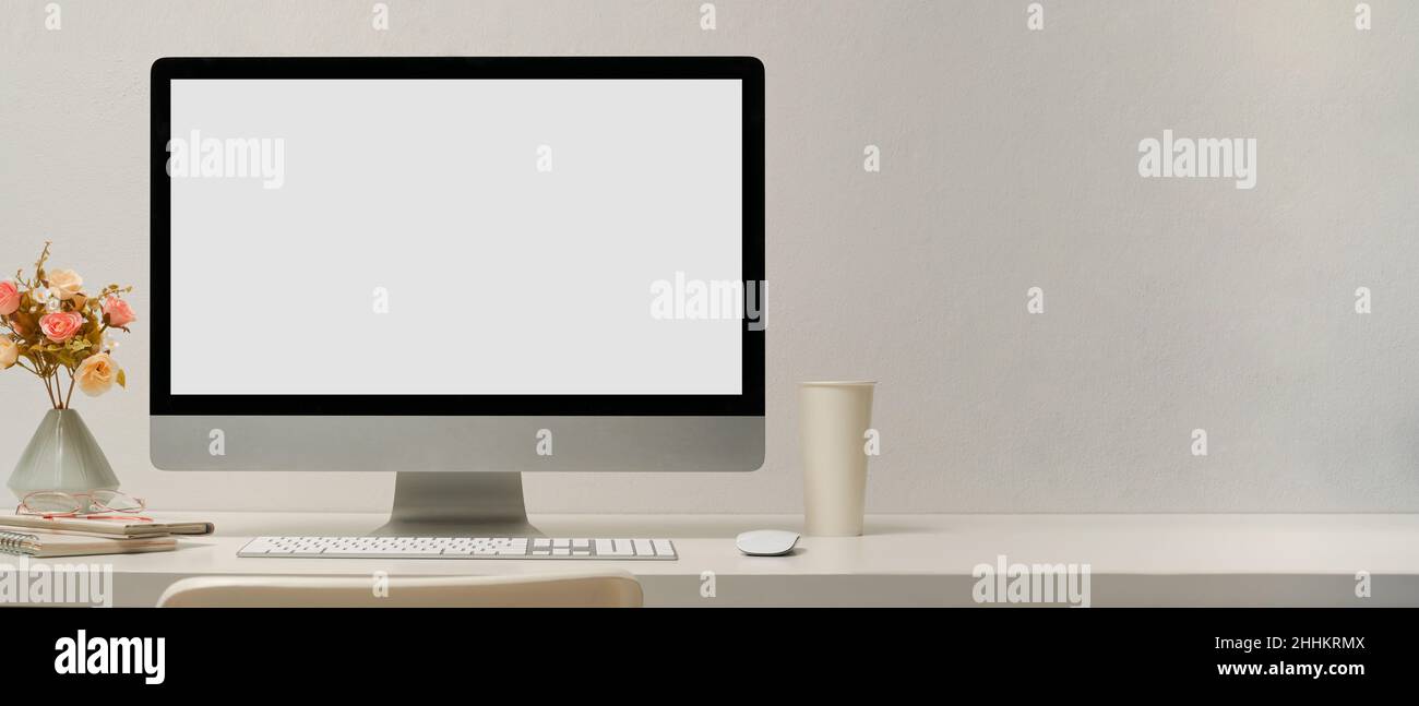 Feminine workspace or computer desk with pc desktop screen mockup ...