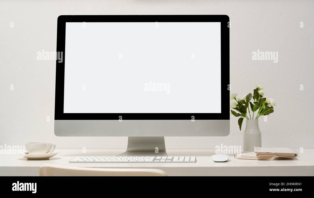 Minimal office workspace with pc desktop computer white screen ...