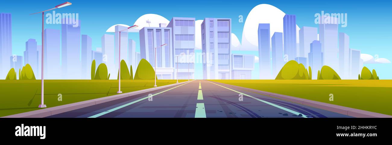 Road to city with buildings and skyscrapers on skyline. Vector cartoon ...
