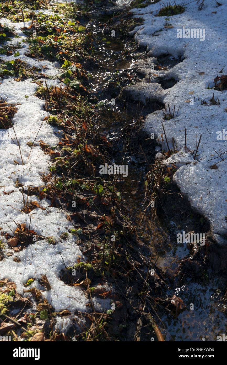 Spring landscape with a shining stream and melting snow in the sun ...