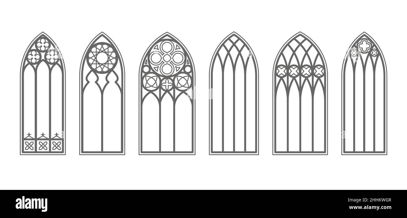 Gothic windows outline set. Silhouette of vintage stained glass church ...