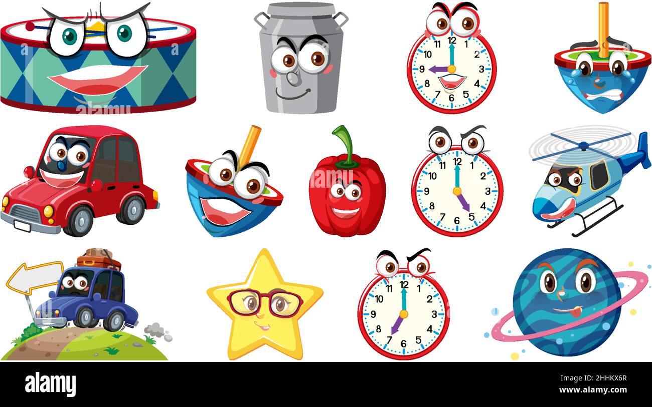 Set of different toy objects with smiley faces illustration Stock ...