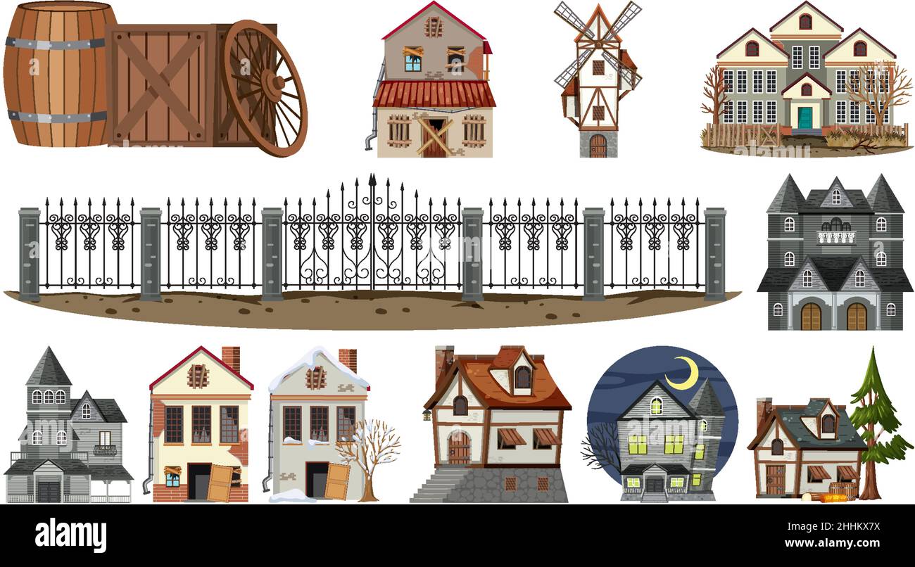 Set of abandoned houses and buildings illustration Stock Vector Image ...