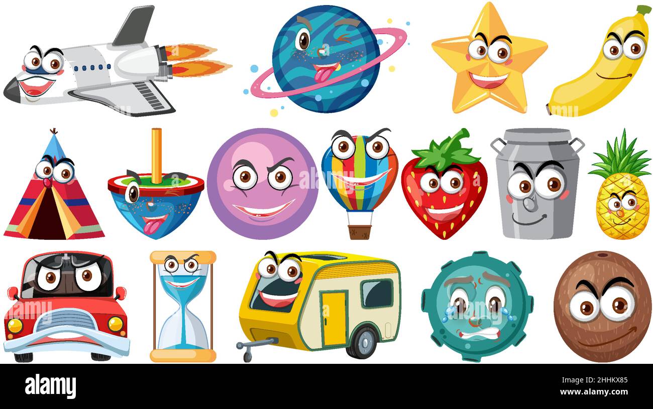 Set of different toy objects with smiley faces illustration Stock ...