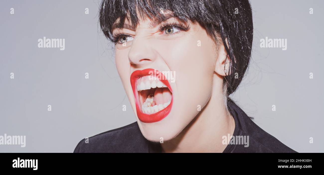 Woman shouting and screaming loud with open mouth. Human emotions ...