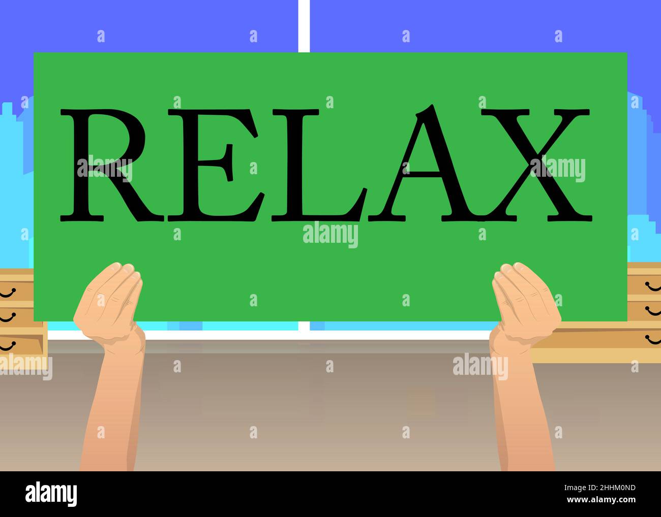 Hand holding up a banner with Relax text. Showing billboard banner ...