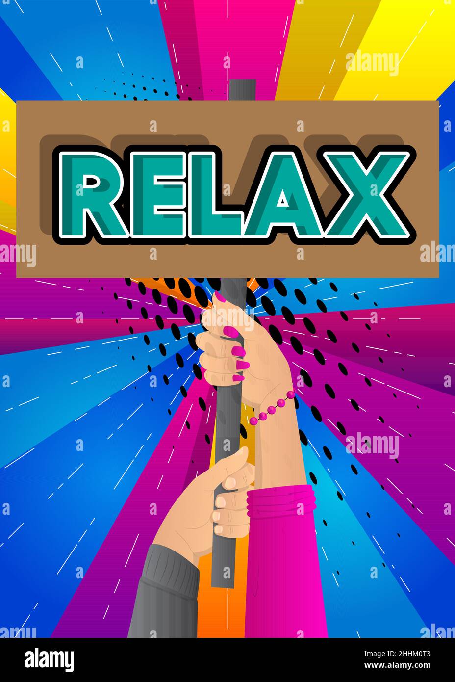 Hand holding up a banner with Relax text. Showing billboard banner ...