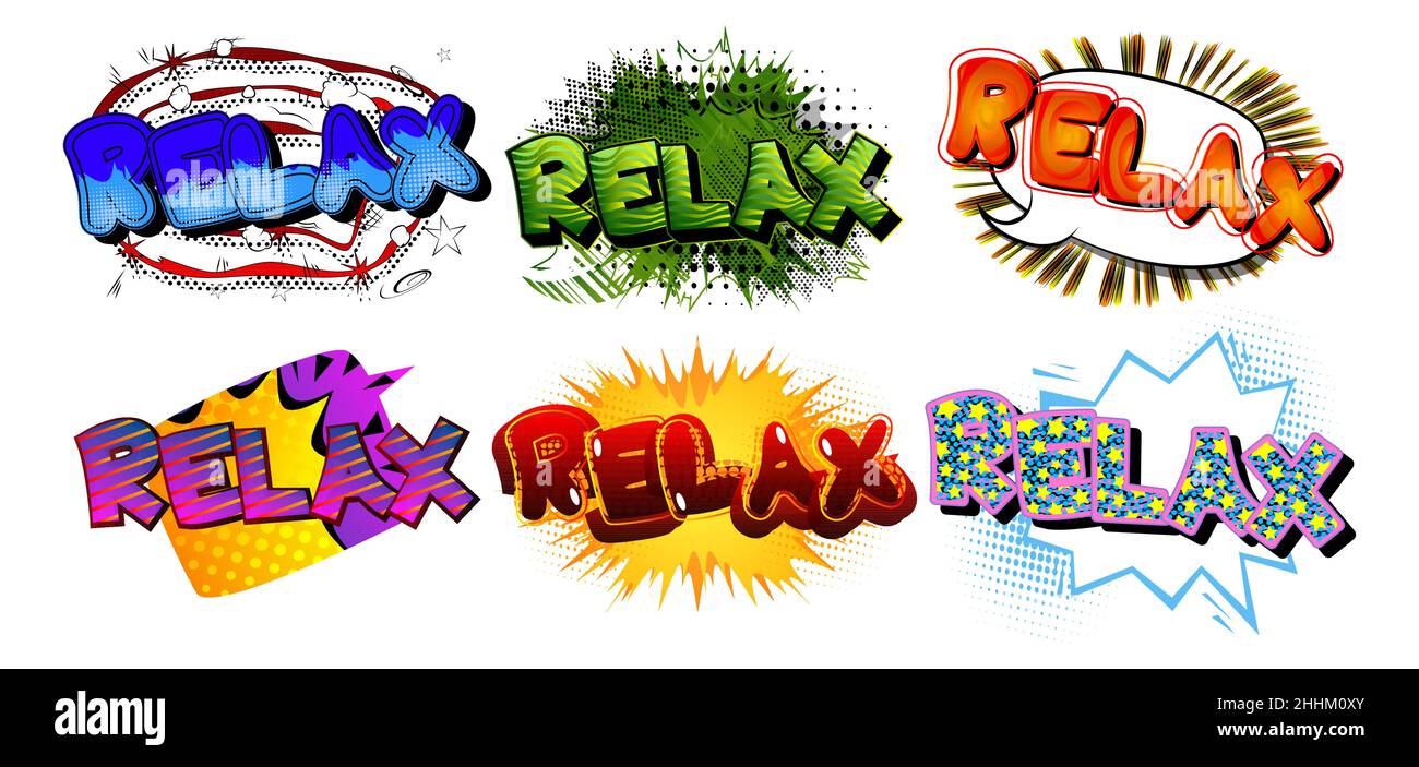 Relax. Comic book word text on abstract comics background. Retro pop ...