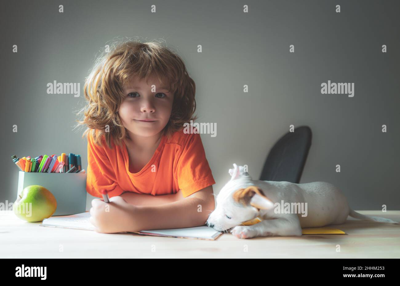 Kid home learning. Portrait of a child boy doing homework, back to ...