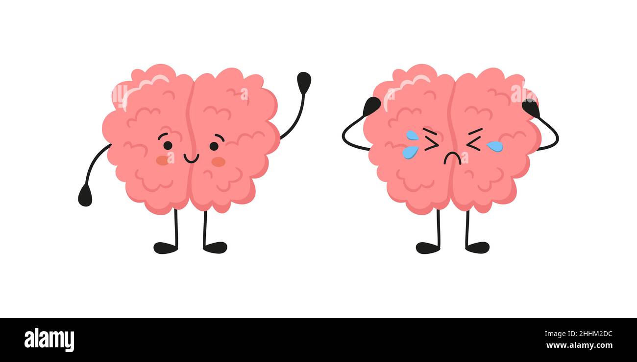 Kawaii happy human brain character and sad crying brain character. Hand ...