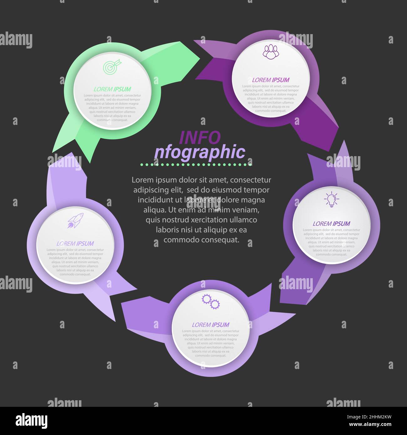 5 stages of development, improvement or training. Infographics with visual action icons for ...