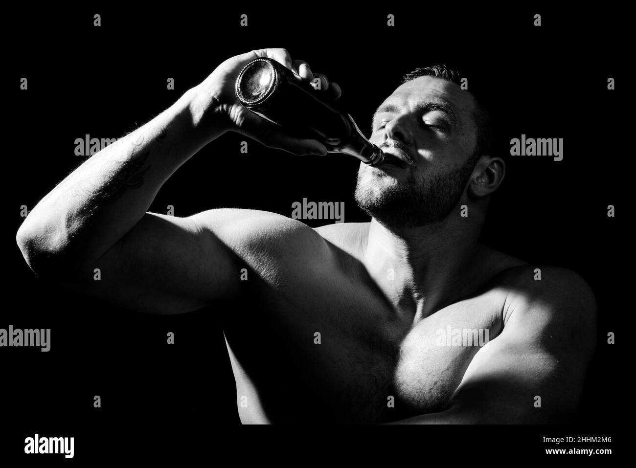 Man with bottle of beer, close up face. Drunk guy having problem from ...