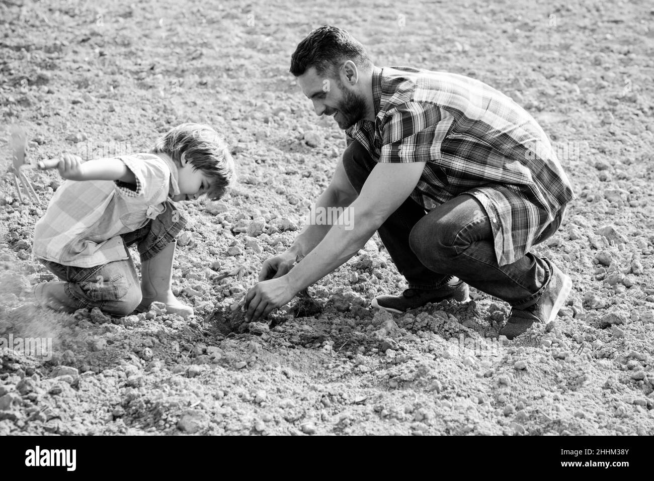 Man and boy digging planting Black and White Stock Photos & Images - Alamy