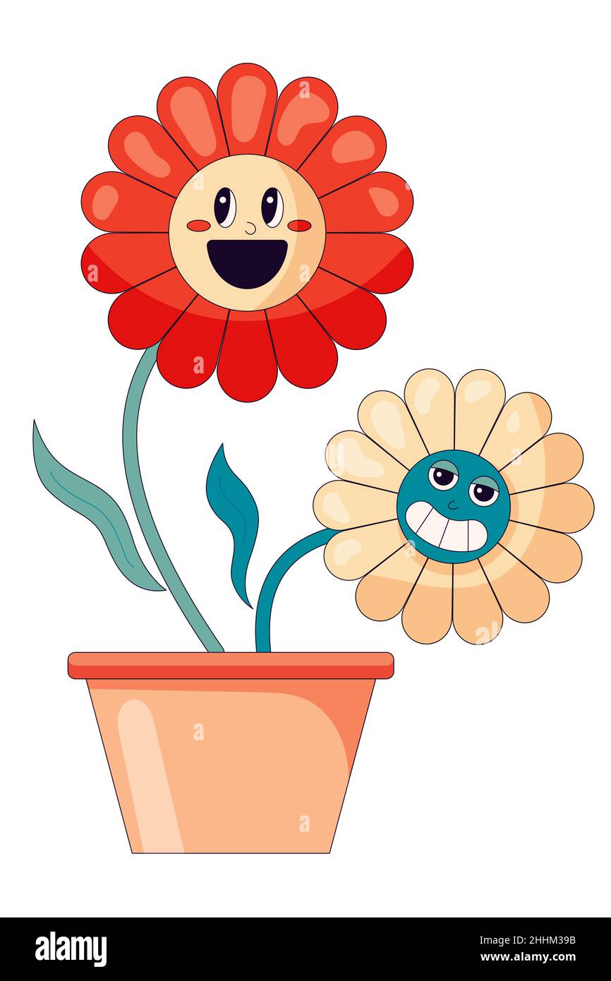Comic flower in trendy retro cartoon style. Funny cartoon flower in a ...
