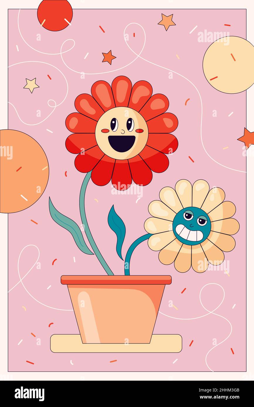 Comic flower in trendy retro cartoon style Funny flower in a pot ...