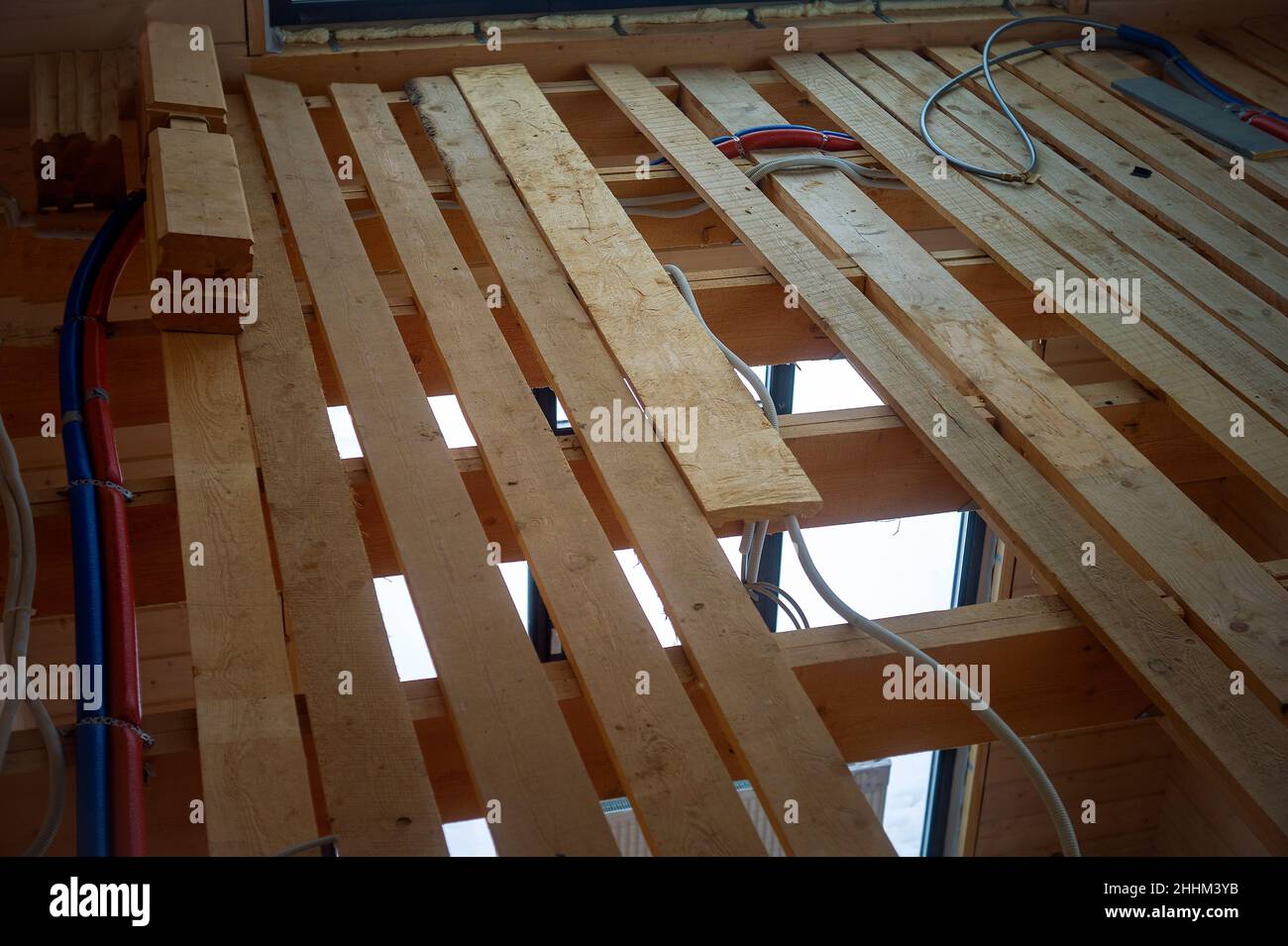 temporary overlaps between floors in a wooden house, indoor shot Stock ...