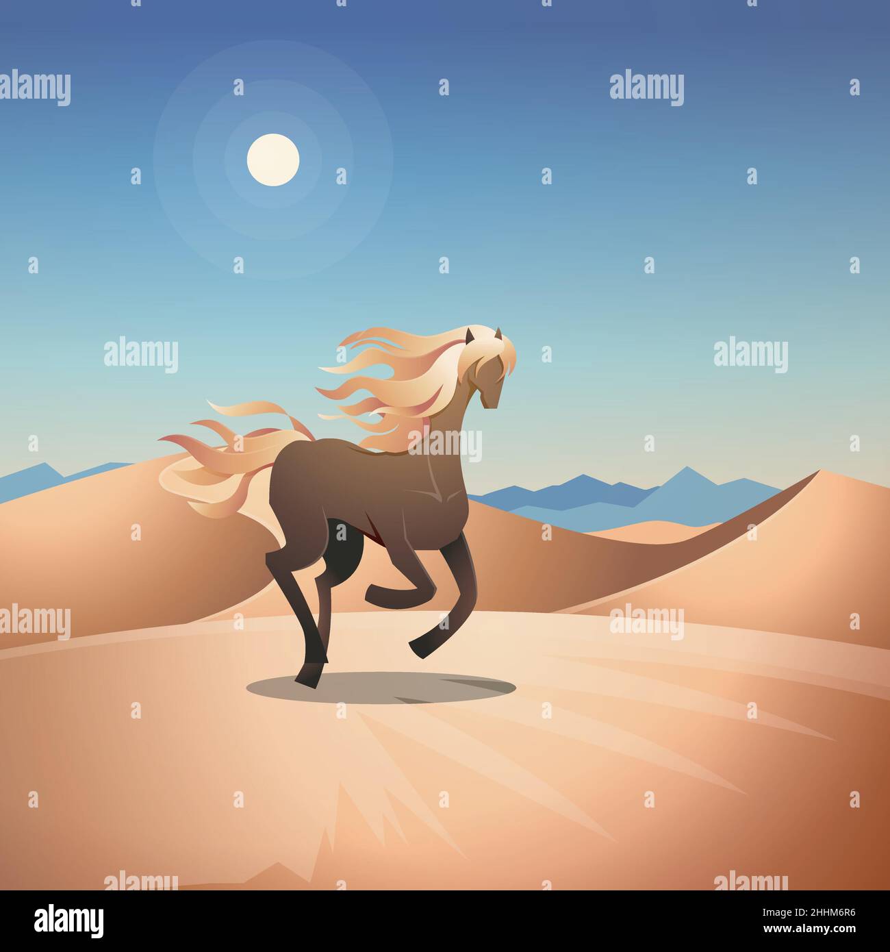 Beautiful Long Hair Horse Mare Run Fast Desert Fantasy Illustration ...