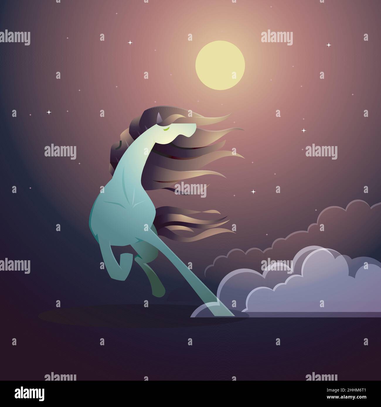 Beautiful Long Hair Horse Mare Run Fast Dust Night Fantasy Illustration ...