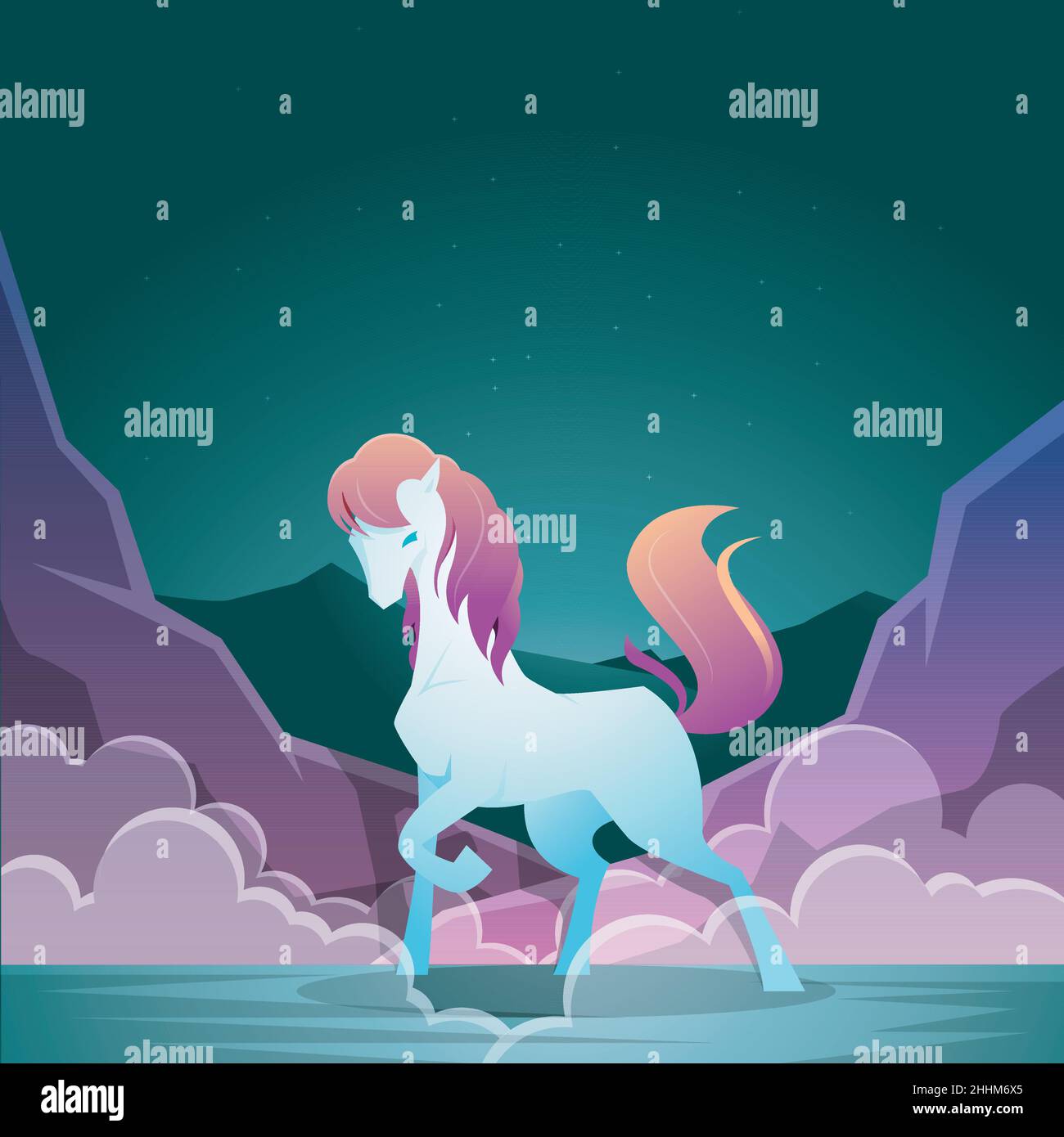 Beautiful Long Hair Horse Mare Standing in Foggy Valley Night Fantasy ...