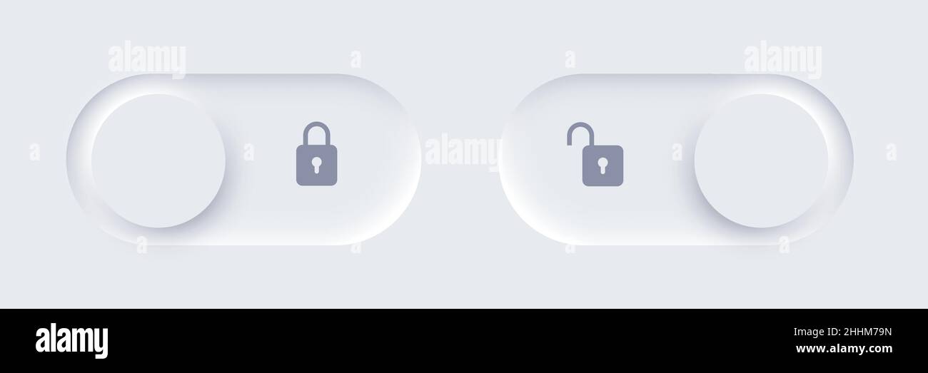 Neumorphic lock and unlock slide buttons set vector illustration. User ...