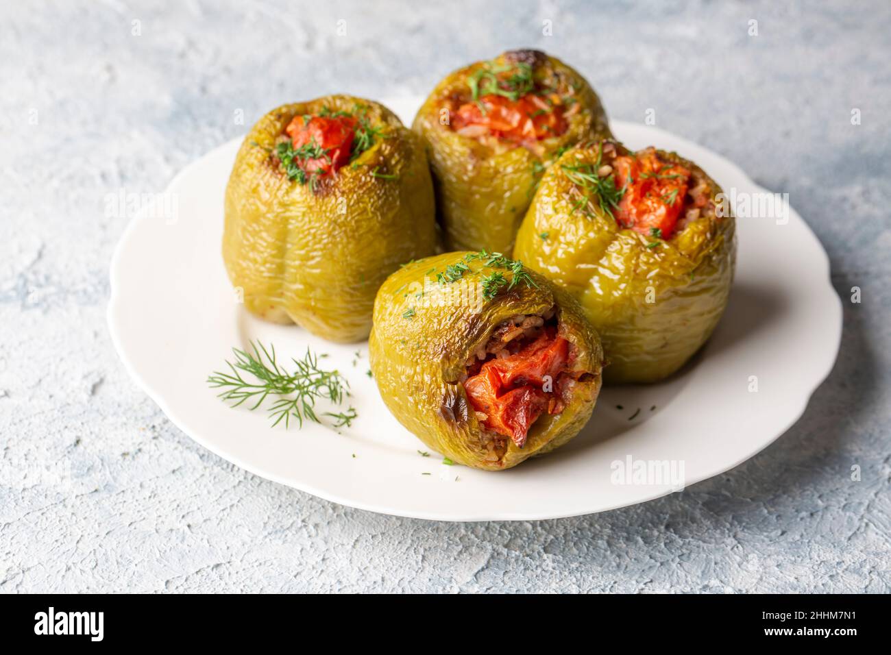 Traditional Turkish foods; Stuffed pepper (Turkish name; biber dolmasi ...