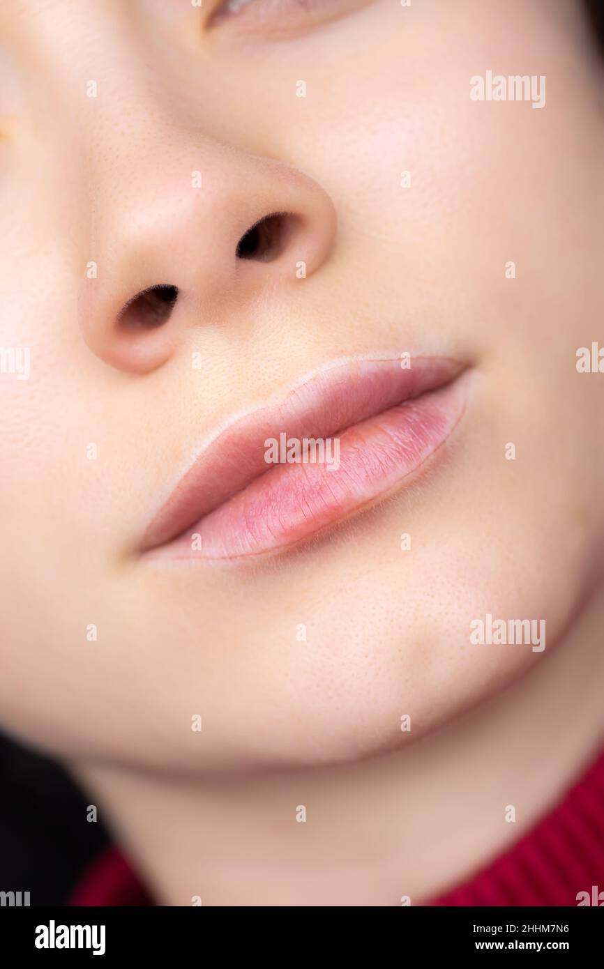 models after the first pass of permanent makeup, anesthesia is visible ...