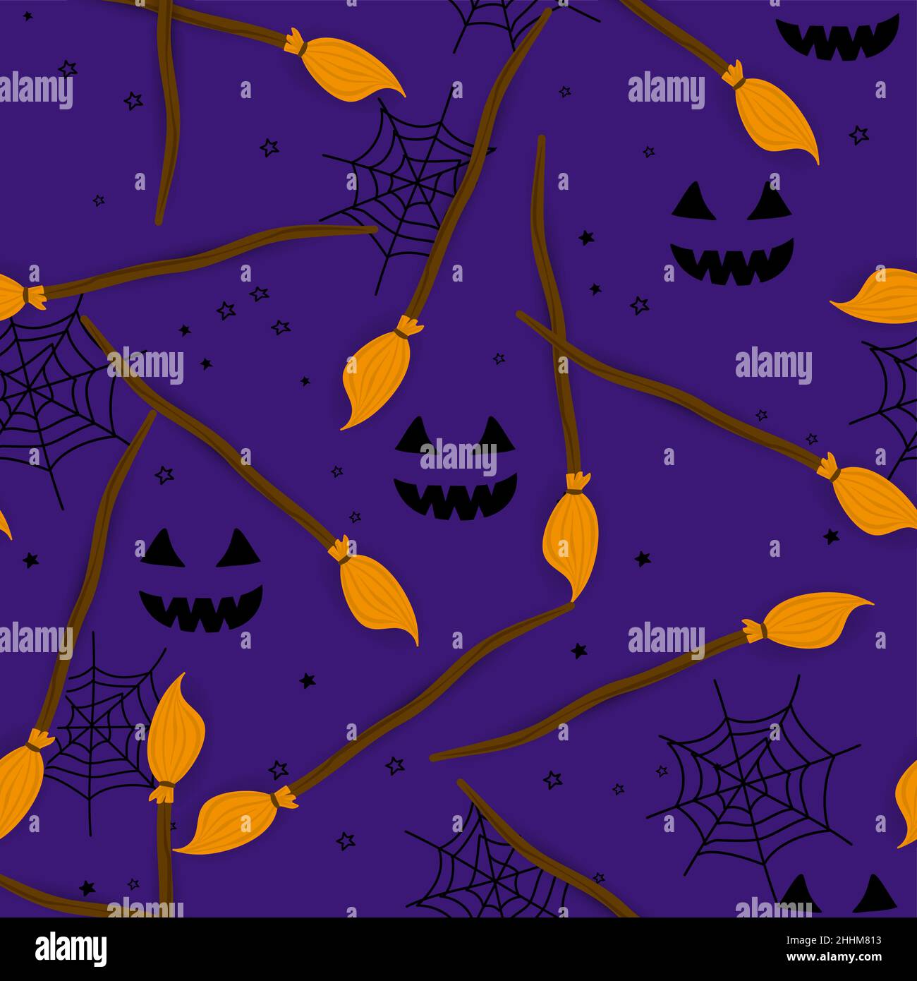 Cute Witch's broom seamless pattern with spider web for Halloween. Cute ...