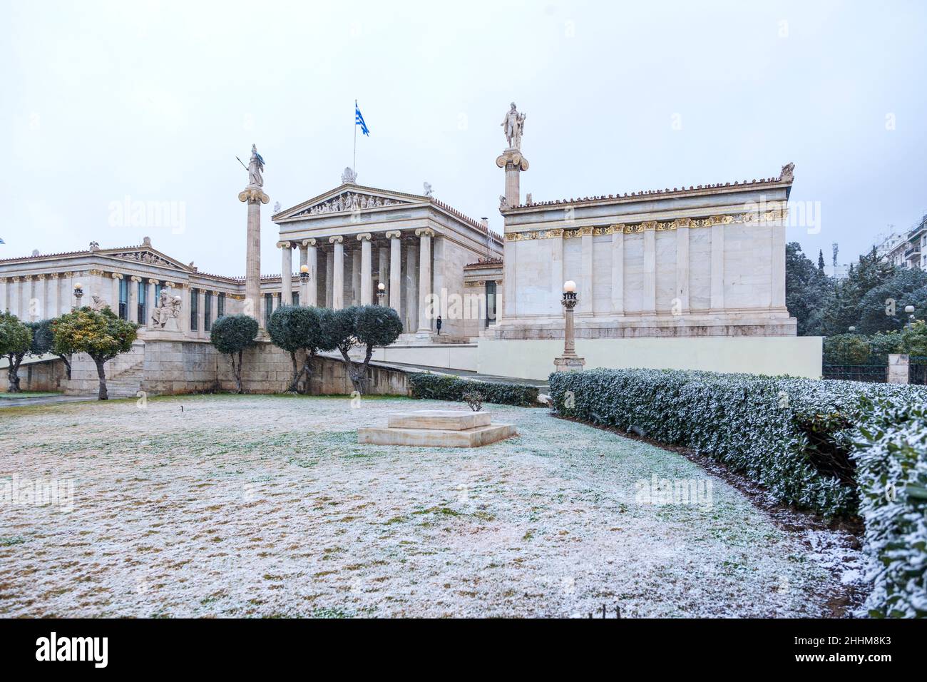 Academy of Athens during snowfall in January 24th 2022, a rather rear ...