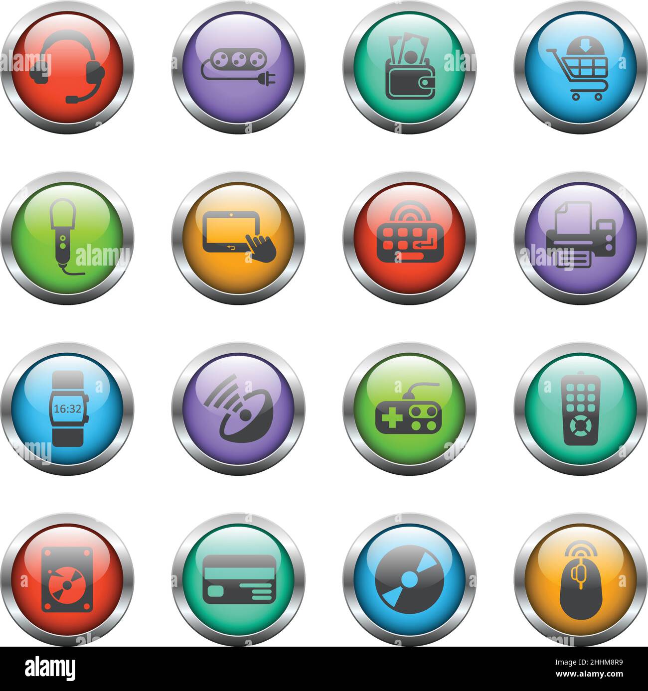 electronics supermarket vector icons on color glass buttons Stock ...