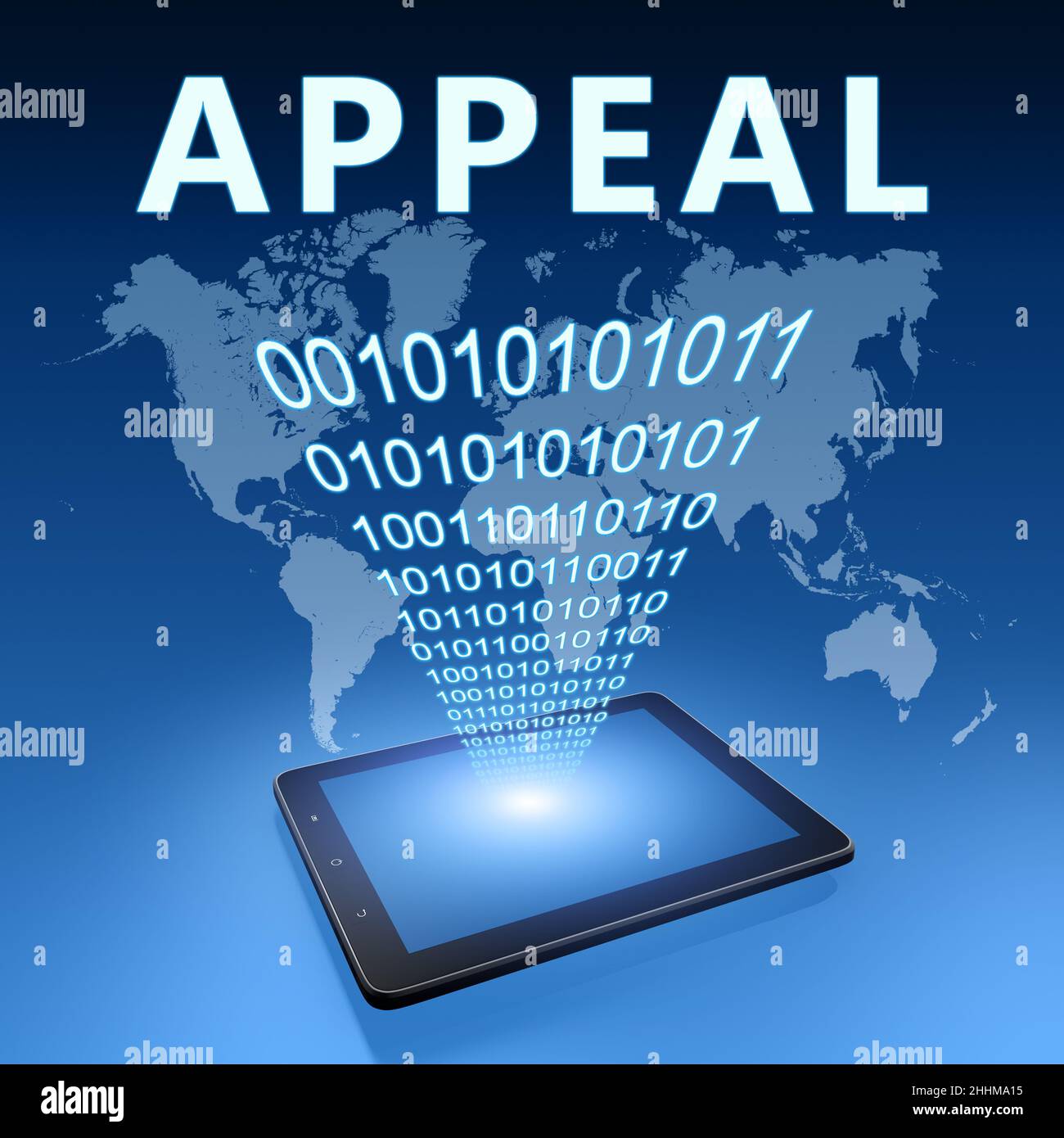 Appeal - text concept with tablet computer on blue wolrd map background ...