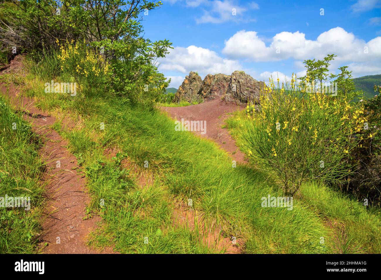 View of the "Terre Rosse" (Red Lands) a small area made up of rocks and ...