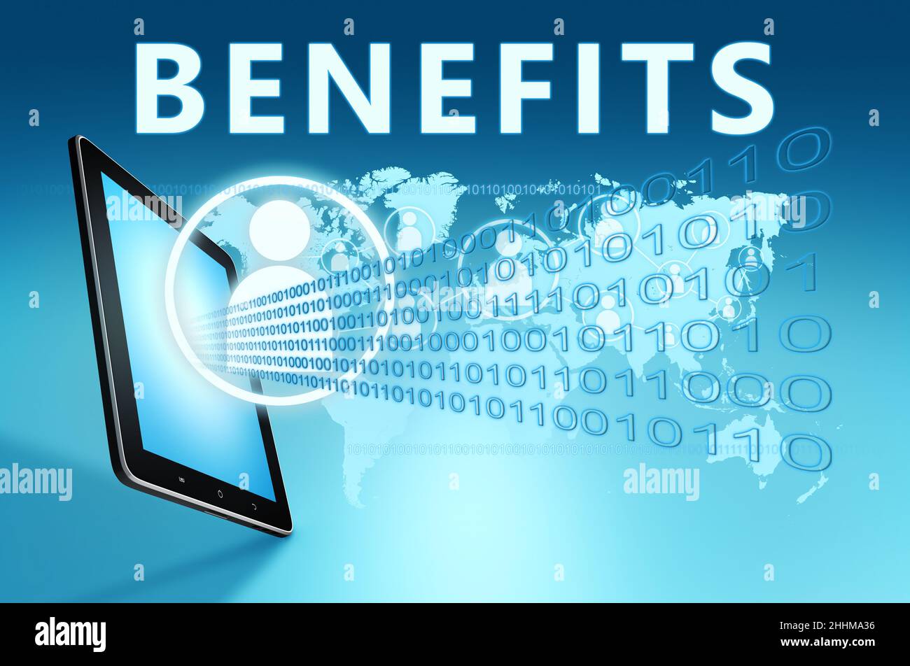 Benefits - text concept with tablet computer on blue wolrd map ...
