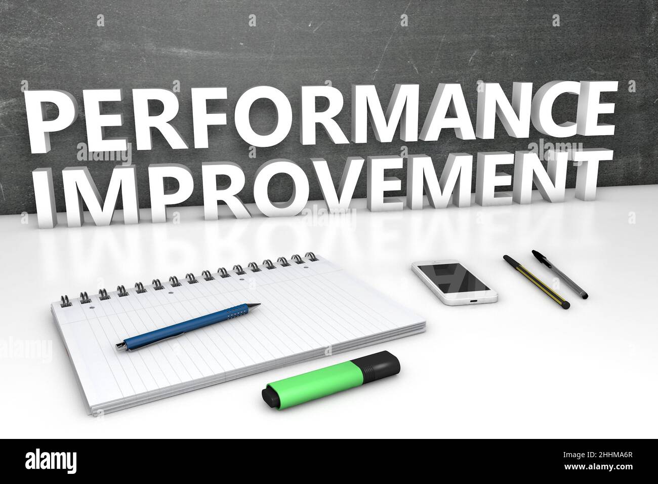 Performance Improvement - text concept with chalkboard, notebook, pens ...