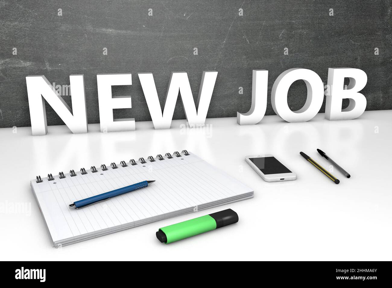 New Job - text concept with chalkboard, notebook, pens and mobile phone ...