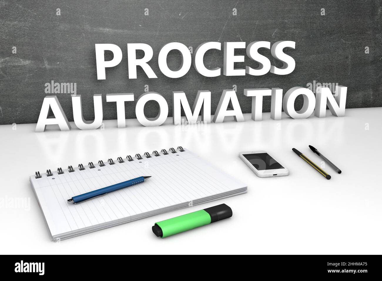Process Automation - text concept with chalkboard, notebook, pens and ...