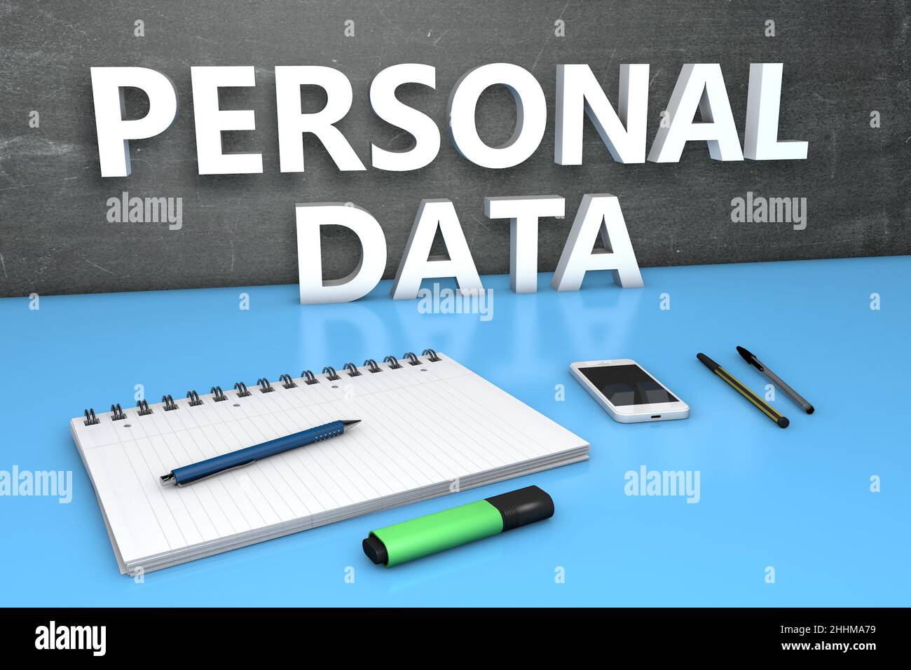 Personal Data - text concept with chalkboard, notebook, pens and mobile ...