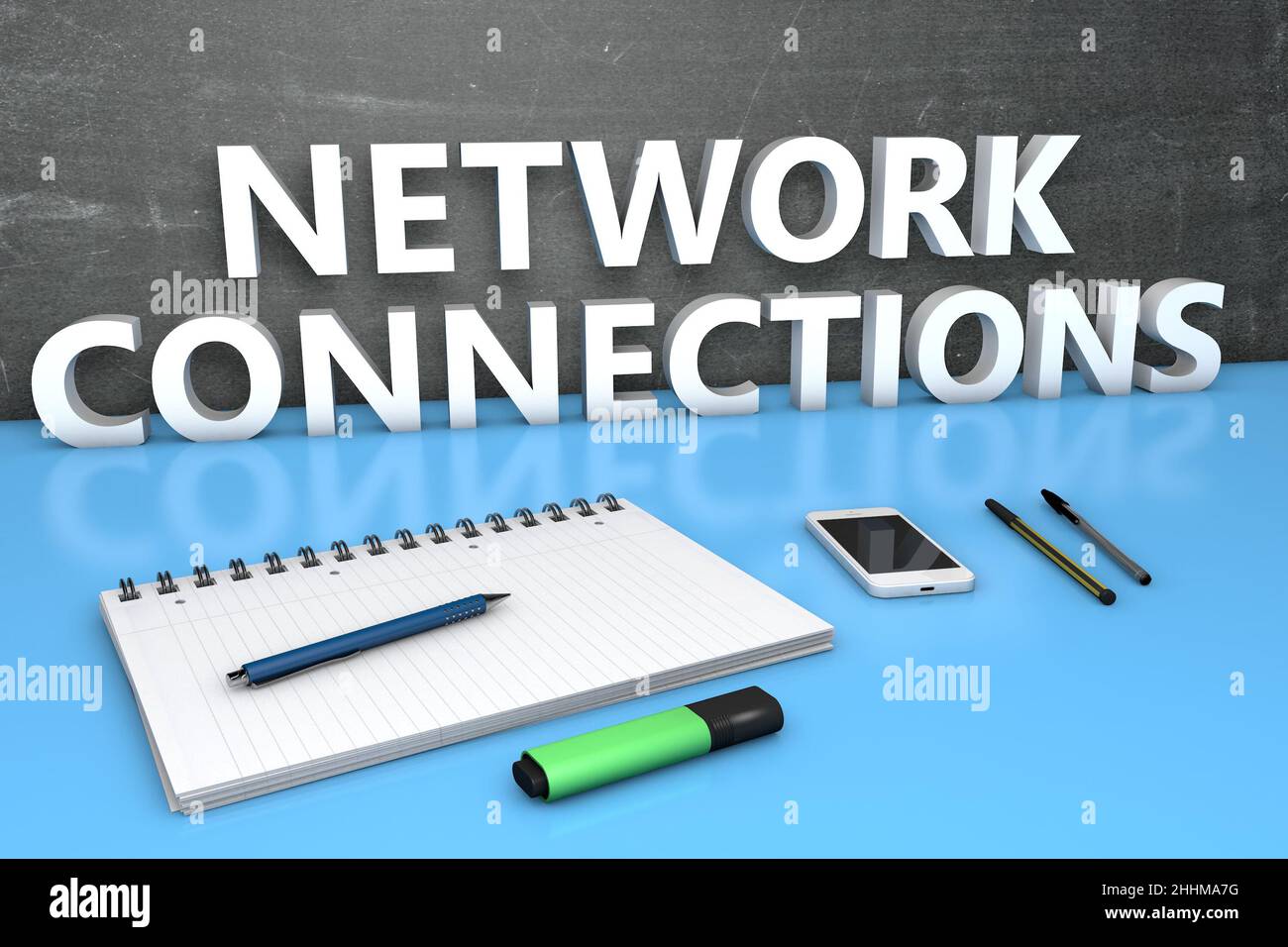 Network Connections - text concept with chalkboard, notebook, pens and ...