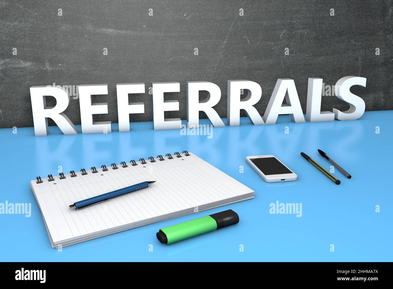 Referrals - text concept with chalkboard, notebook, pens and mobile ...