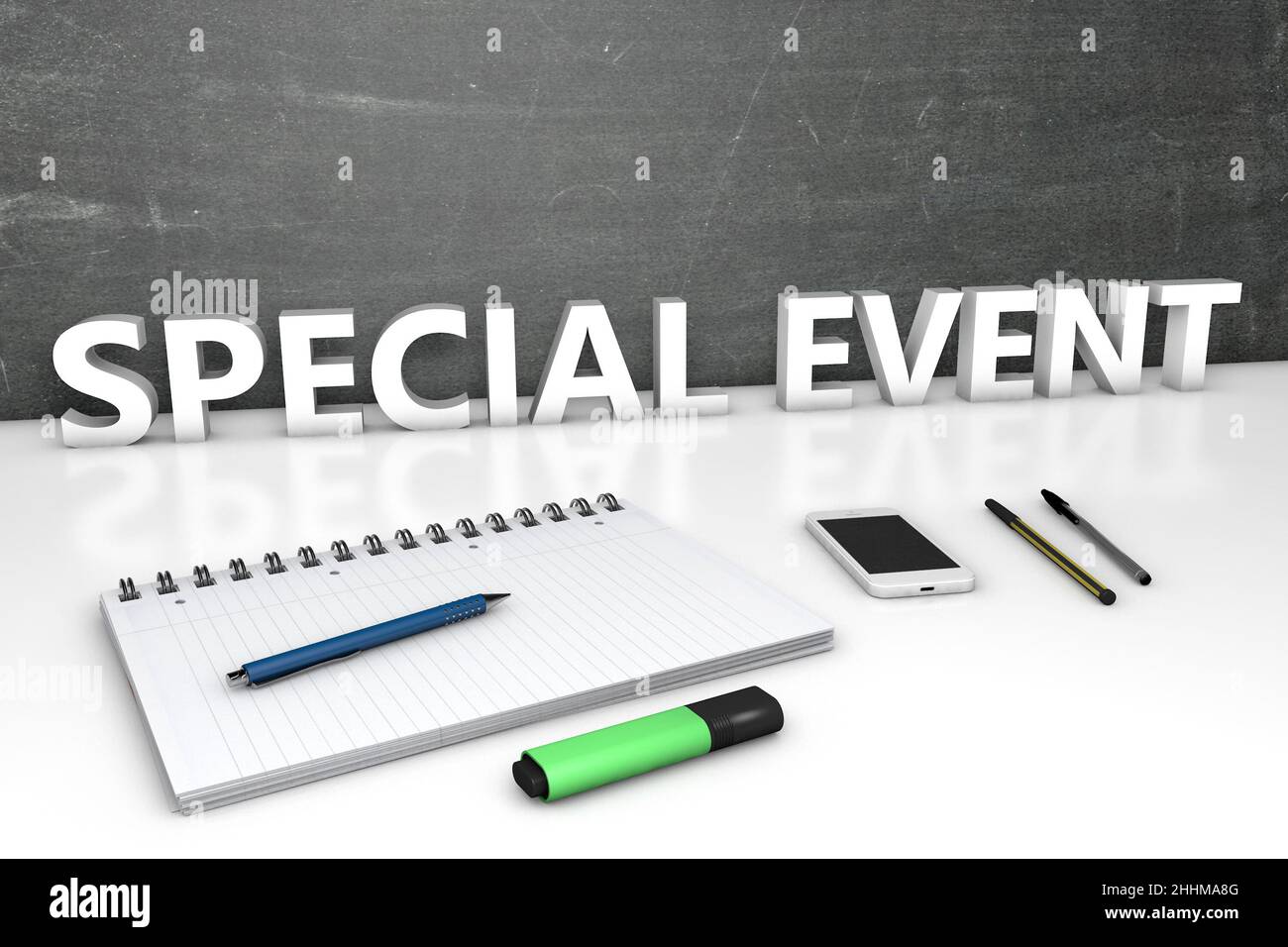 Special Event - text concept with chalkboard, notebook, pens and mobile ...